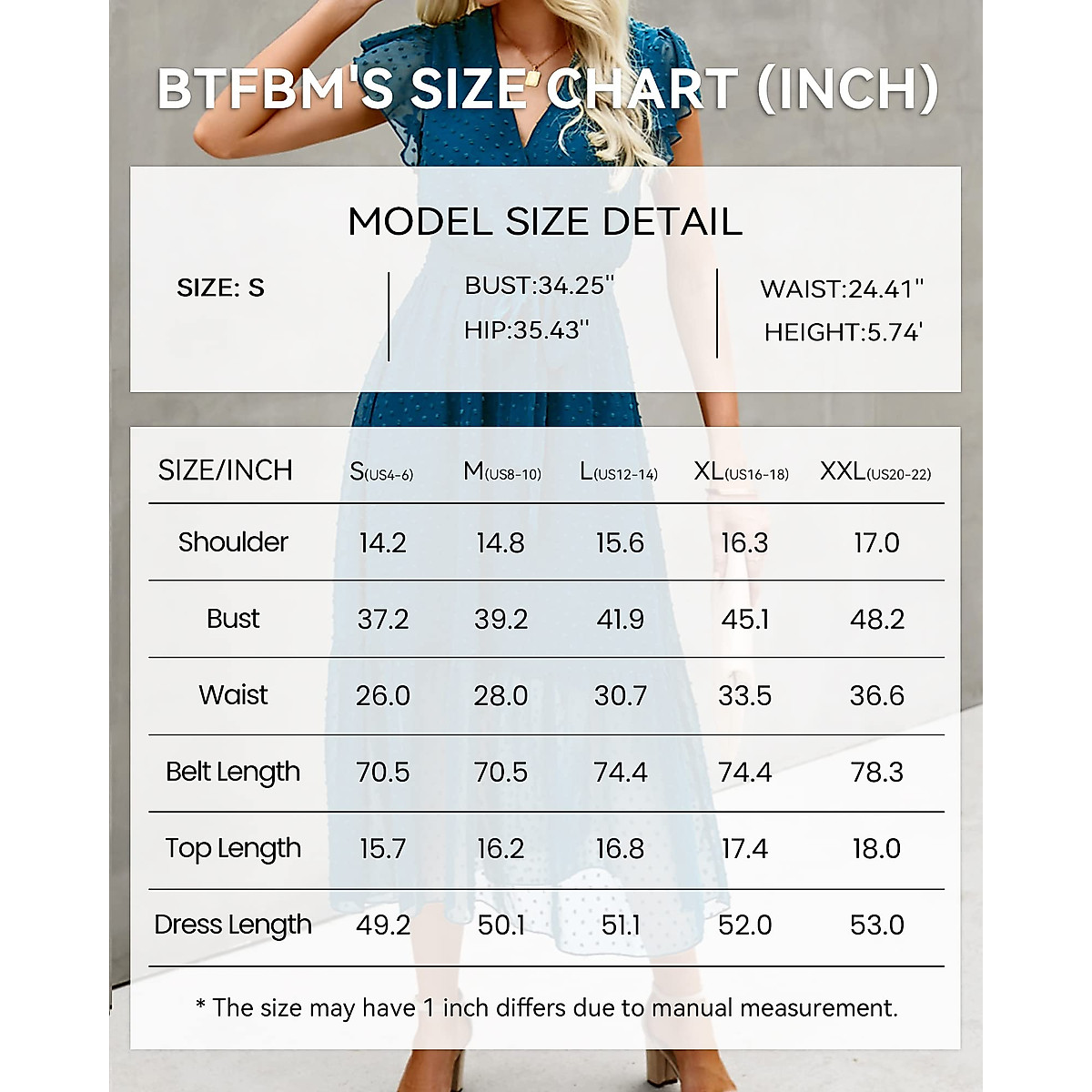 BTFBM Women Summer Bohemian Floral Casual Wrap V Neck Ruffle Cap Sleeveless Belt A-Line Pleated Hem Swing Midi Sun Dress (Swiss Dot Lake Blue, l)