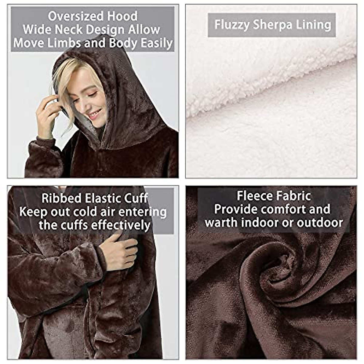 Tormays Oversized Flannel Blanket with Long Sleeves, Wearable and Cozy with Large Front Pocket, Sherpa Fleece Lining for Adults, Teens and Children (33 inch, Brown)