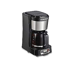 Hamilton Beach 5 Cup Compact Drip Coffee Maker with Programmable Clock, Glass Carafe, Auto Pause and Pour, Black & Stainless Steel (46111)