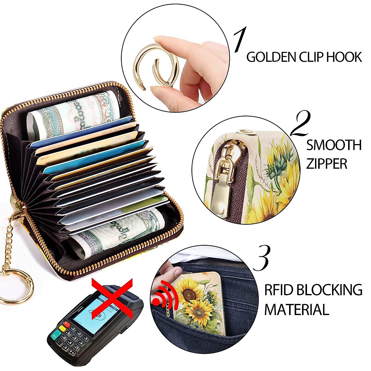 Yonlevres Credit Card Holder RFID Wallet, Sunflower Small Card Holder Wallet for Women with Keychain Zipper, Cute Leather Floral Credit Card Case Organizer Accordion Gift