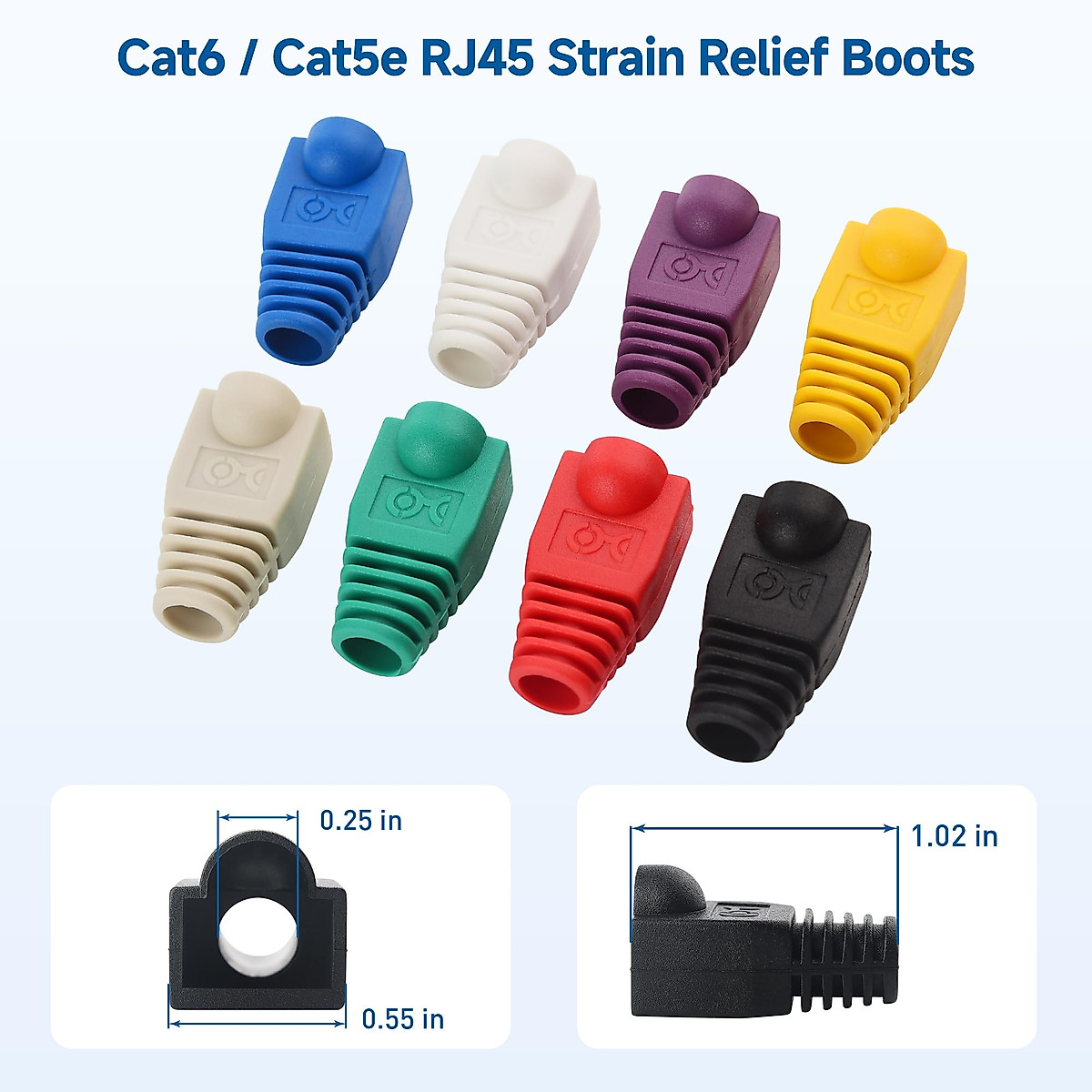 Cable Matters 8-Color 200-Pack Cat6 / Cat5e RJ45 Strain Relief Boots, RJ45 Boot, Cat6 Boot, CAT6 Ethernet Boots, Fits 6.4mm (0.25 in) Ethernet Cables