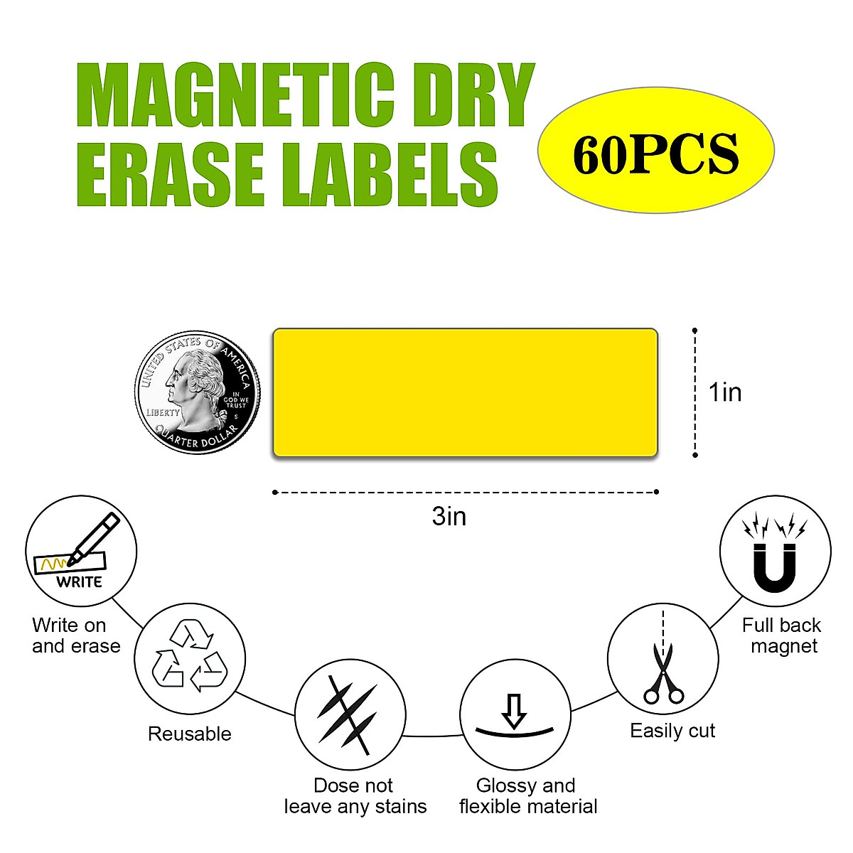 STTMGN Dry Erase Magnetic Labels (1x3",Pack of 60),Write On Magnets Sticker,Real Waterproof/Reusable for Classroom&Office&Cabinet&whiteboard&Fridge&More (White)