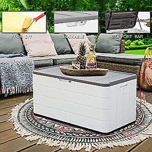 ADDOK Large Resin Deck Box Lockable, Outdoor Garden Storage Box Waterproof, Elegant Storage Bench for Cushions, Garden Tools and Pool Toys (White)
