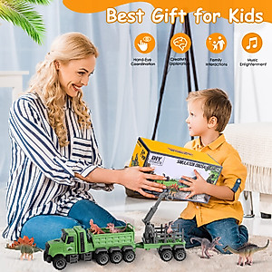 FANURY Dinosaur Toys Truck with Lights Sounds for Kids, 8 Dinosaurs & Electric Drill, Take Apart Truck Building Toys, Dino Transport Cars Playset Toys Gifts for 3 4 5 6 7 8 Year Old Boys Girls