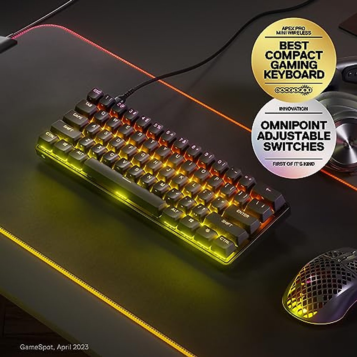 SteelSeries Apex Pro Mini HyperMagnetic Gaming Keyboard – Adjustable Actuation – Compact 60% Form Factor – RGB – PBT Keycaps – USB-C​