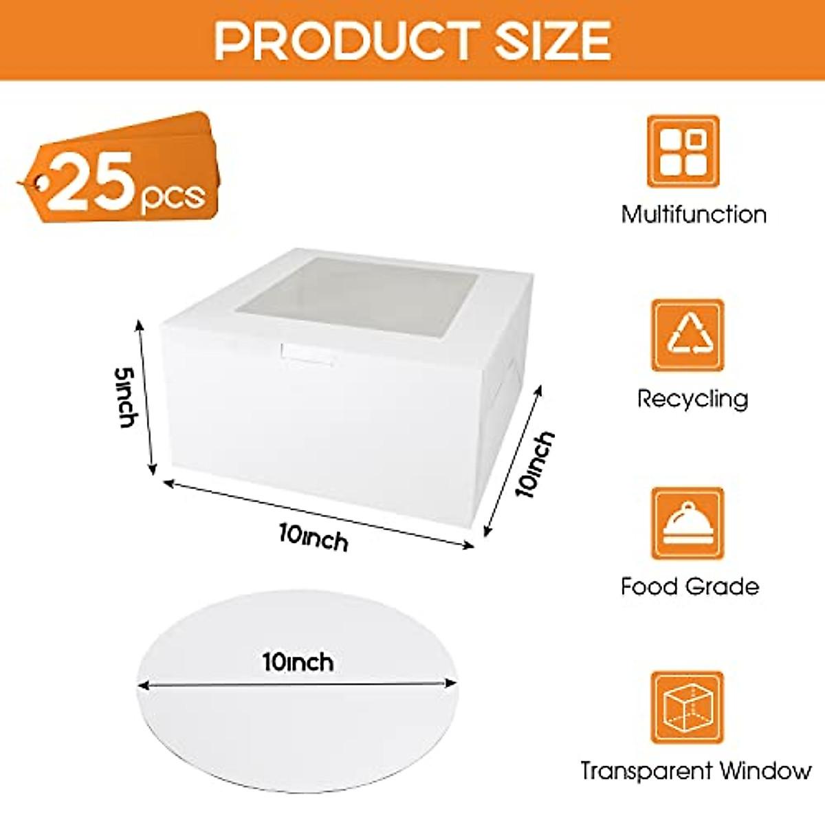ZENOWICK Cake Boxes Set (50 Pcs, 25 Boxes & 25 Boards) White 10x10x5 Inches Tall Cake Boxes with Window,Boxes with Round Cake Boards for Christmas, Birthday Party, Valentine's Day,Pastries, Cookies