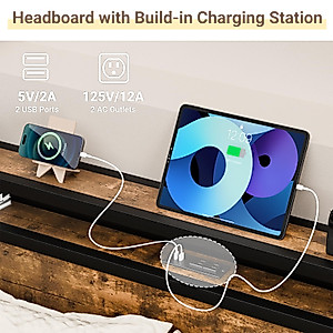 Zevemomo King Size Bed Frame with Headboard, Headboard with Charging Station, 2 USB Port & 2 AC Power Outlet, Modern King Metal Platfrom Bed Frame No Box Spring Needed, Sturdy & Assembly, Brown