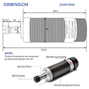Daedalus CNC Brushless Spindle Motor Kit, 600w, ER16, 48V DC, 9000RPM