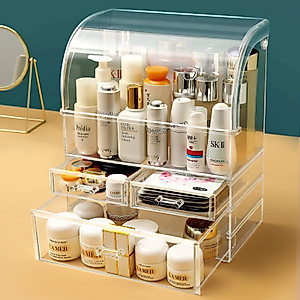 Large Acrylic Makeup Organizer With Lid Cosmetic Storage Drawers Portable Makeup Organizers Dustproof And Waterproof Box For Women (Gold/Clear, 11.8inx 14in x 7in)