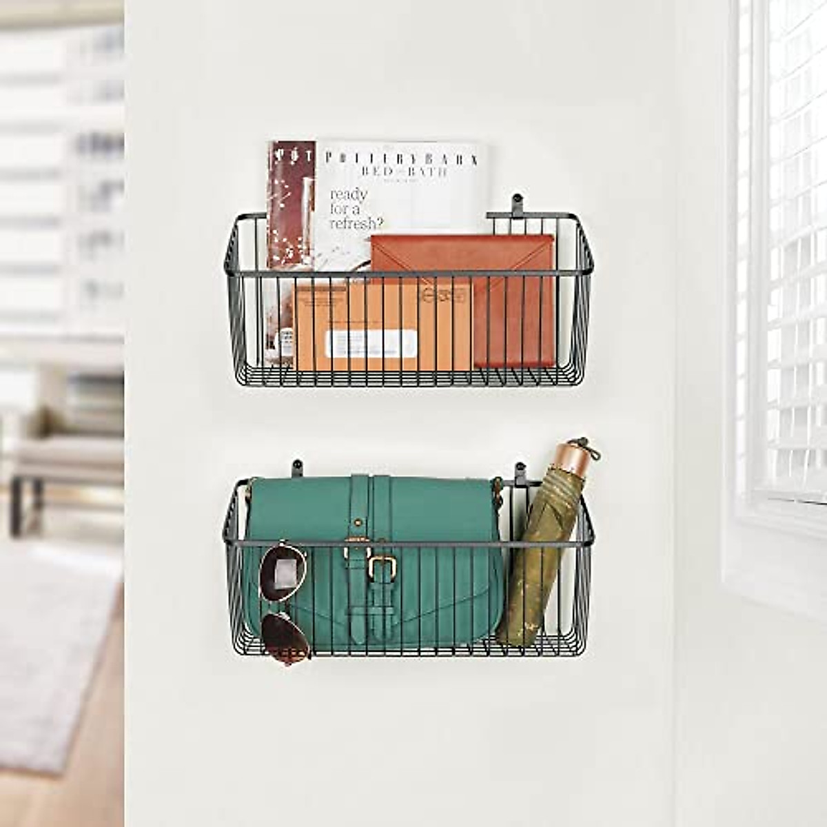 mDesign Portable Metal Farmhouse Wall Decor Angled Storage Organizer Basket Bin for Hanging in Kitchen/Pantry - Store Plastic Bags, Foils, Oils, Sandwich Bags - 2 Pack - Black