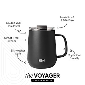 Simple Modern Travel Coffee Mug with Lid and Handle | Reusable Insulated Stainless Steel Coffee Tumbler Tea Cup | Gifts for Women Men Him Her | Voyager Collection | 12oz | Midnight Black