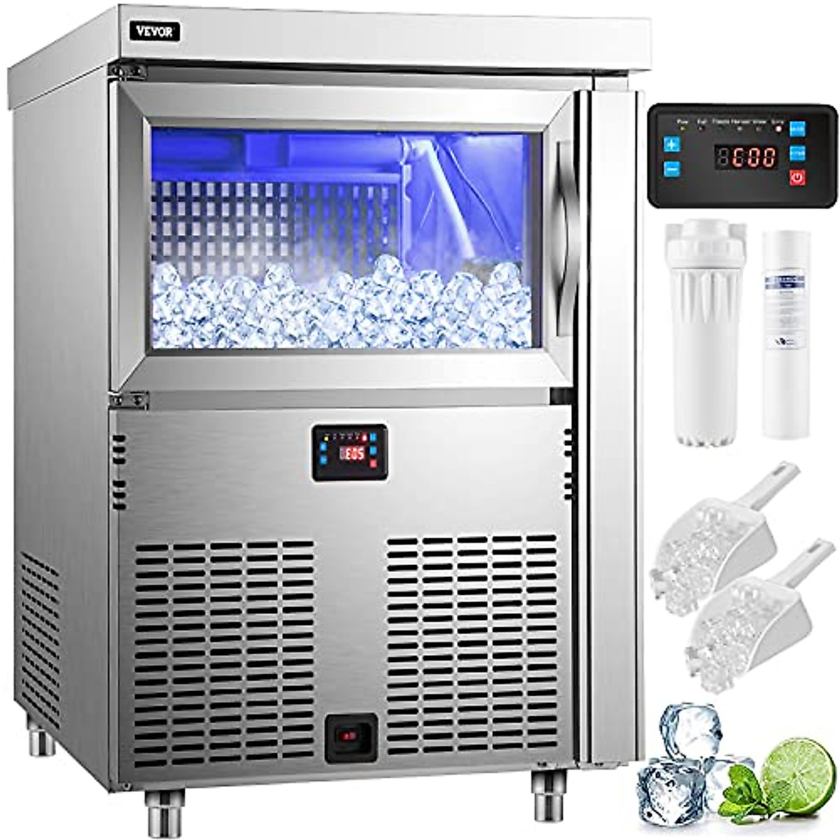 VEVOR 110V Commercial Ice Maker Machine, 300LBS/24H Stainless Steel Under Counter Ice Machine with 100LB Storage, 108PCS Clear Cube, Auto Operation, Include Water Filter, 2 Scoops, Connection Hose