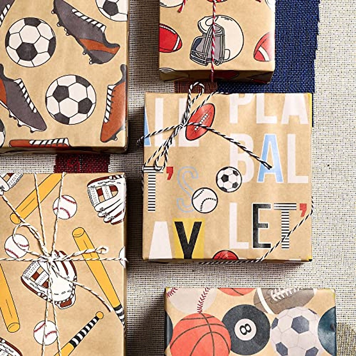 RUSPEPA Kraft Wrapping Paper Sheet - Football and Birthday Printed, Great for Boys, Baby Shower, Holiday - 12 Sheets Packed as 2 rolls - 17.5 x 30 Inch per sheet