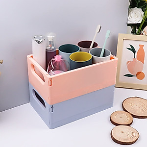 Klyuqoz Pastel Crates, 2 Pack Storage Crates Plastic Stackable, Size (9.8 X 6.3 X 3.8 in), Desktop Storage Crates, Folding for Home Kitchen Bedroom Office.Blue, Pink