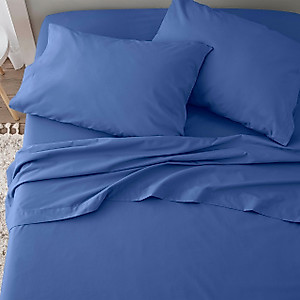 Martex 225 Thread Count Cotton Rich 4 Piece Queen Bed Sheet Set - Queen Sheet Set - 1 Fitted Sheet, 1 Flat Sheet, 2 Pillowcase - Soft – Durable – Wrinkle Resistant Blue Sheet Set (Queen, Blue)