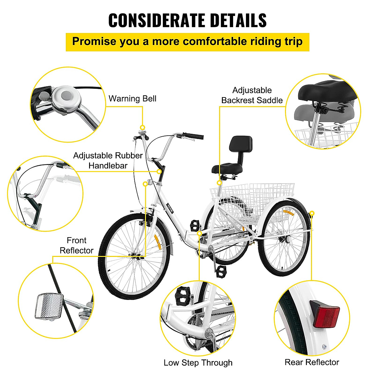 Bkisy Tricycle Adult 24'' Wheels Adult Tricycle 1-Speed 3 Wheel Bikes White for Adults Three Wheel Bike for Adults Adult Trike Adult Folding Tricycle Foldable 3 Wheel Bike for Adults (White)