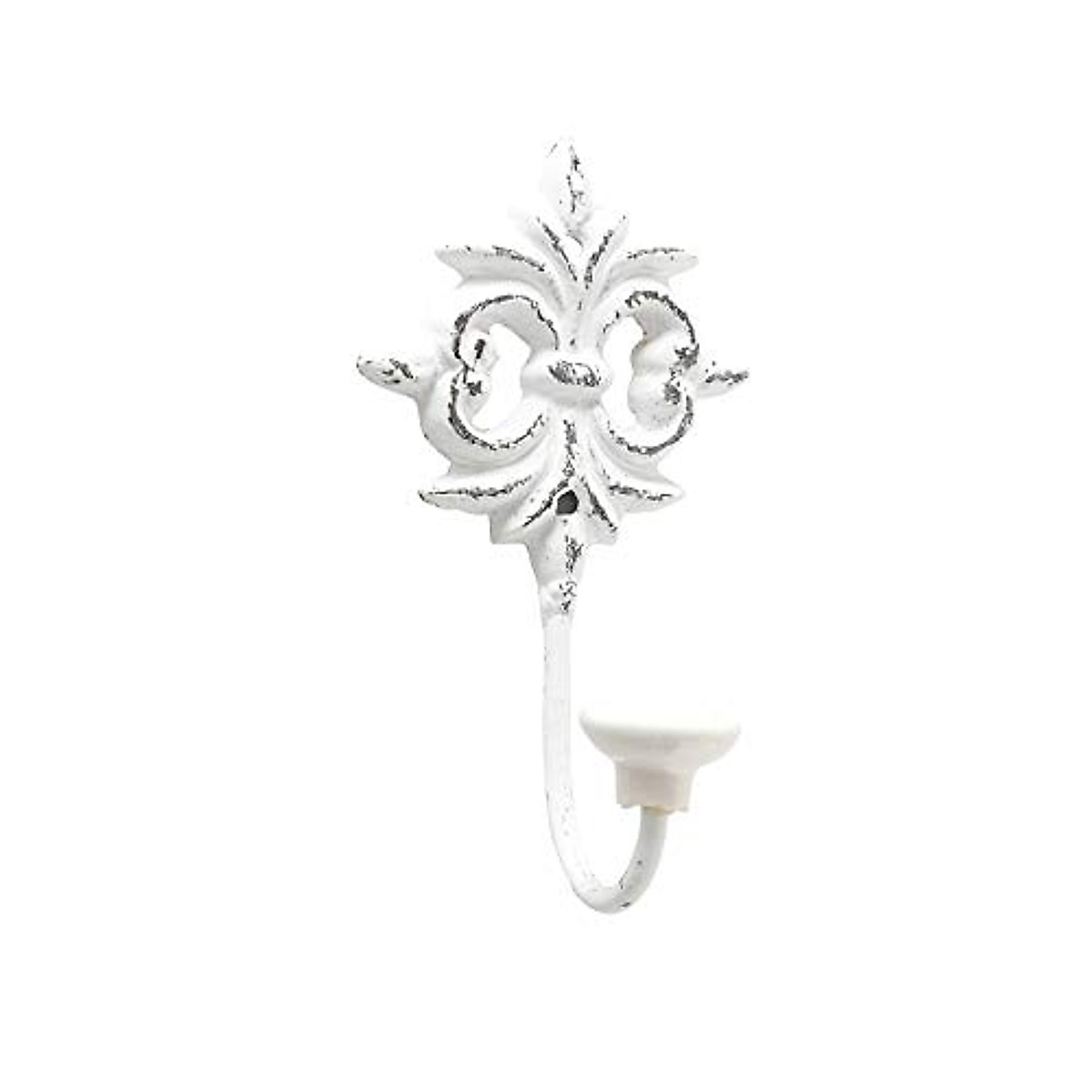 WHW Whole House Worlds Chateaux Fleur De Lis Wall Hooks, Set of 4, Shabby Distressed Finish, French Country Style,Rustic White, Cast Iron, Vintage Inspired, Porcelain Caps, Each 6 3/4