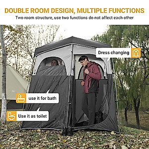 KingCamp 2 Room Shower/Toilet Tent Oversize Space Privacy Changing Room Outdoor Bathroom for Camping with Shower Bag Shelters Portable Stall Black