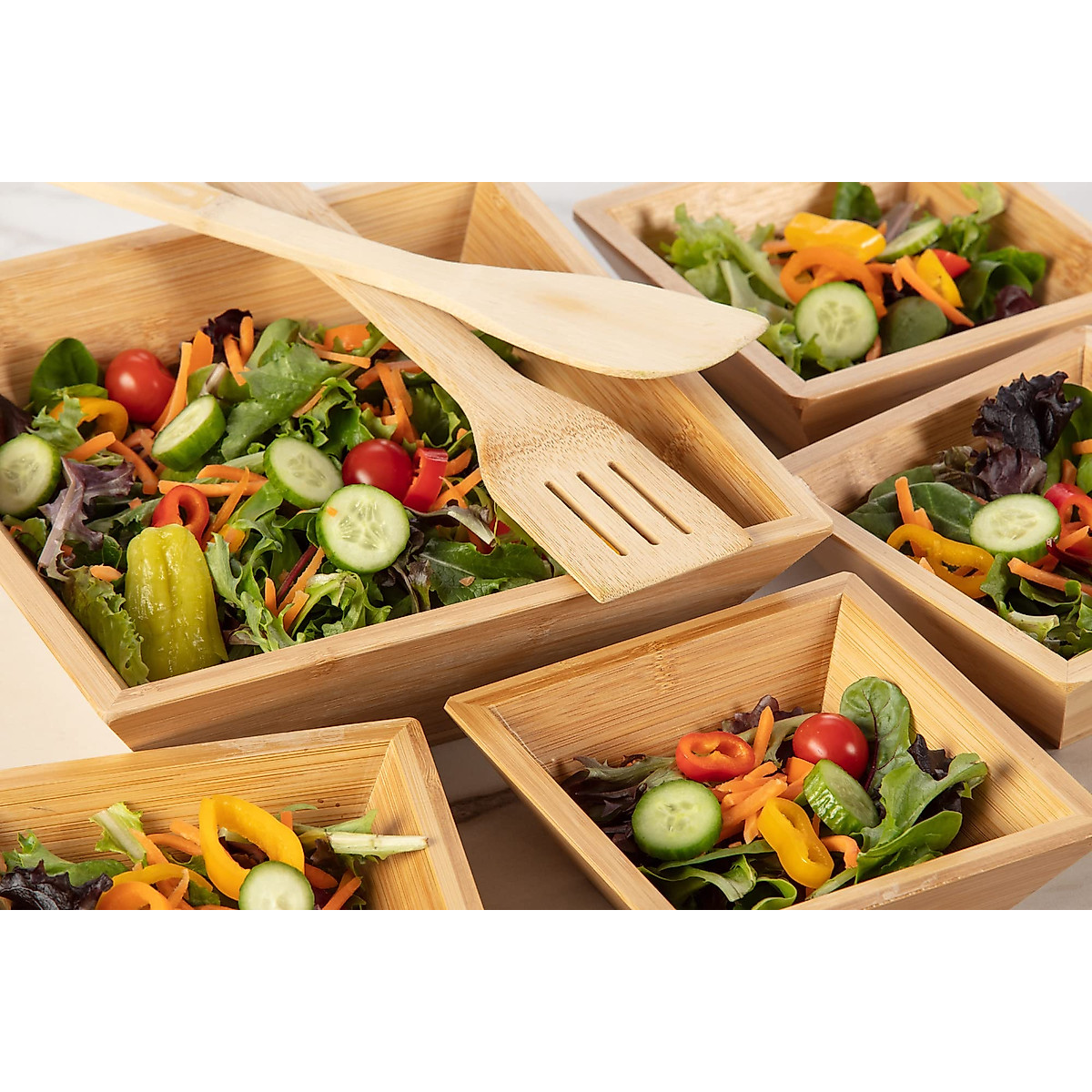 KITCHEN Affections | Bamboo Bowl Set | 5pc Square Bowl Set with Serving Utensils | Wood Dinnerware | Eco Friendly Bowls