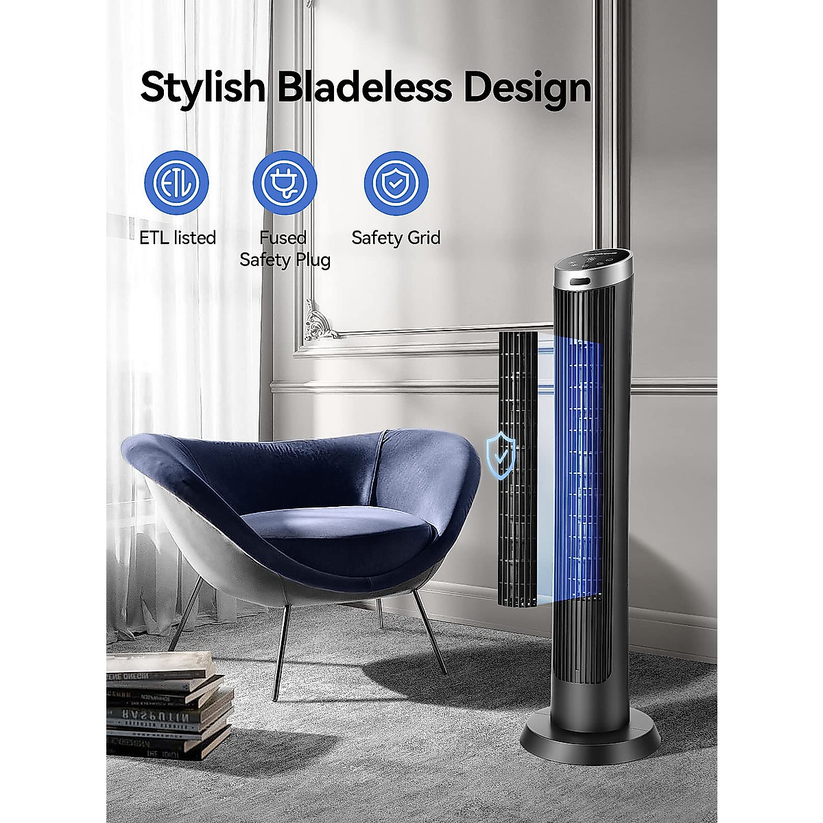 OmniBreeze Digital Electric Tower Fan, with Remote Control, LED Display, Standing Bladeless Floor Fans Cooling and Quite Indoor Living Room Bedroom use (40 Inch)