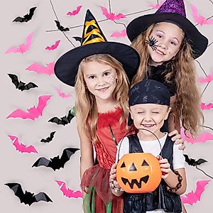 Whaline 112Pcs Halloween Wall Decoration 3D Bats with Foam Adhesive Black Pink Rose Red Waterproof Spooky Bats Stickers Hocus Pocus Party Supplies for Halloween Home Wall Window Door Decor, 4 Sizes