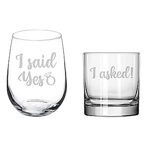 MIP Set of 2 Glasses Stemless WINE & ROCKS Whiskey Gift I Asked I Said Yes Engagement