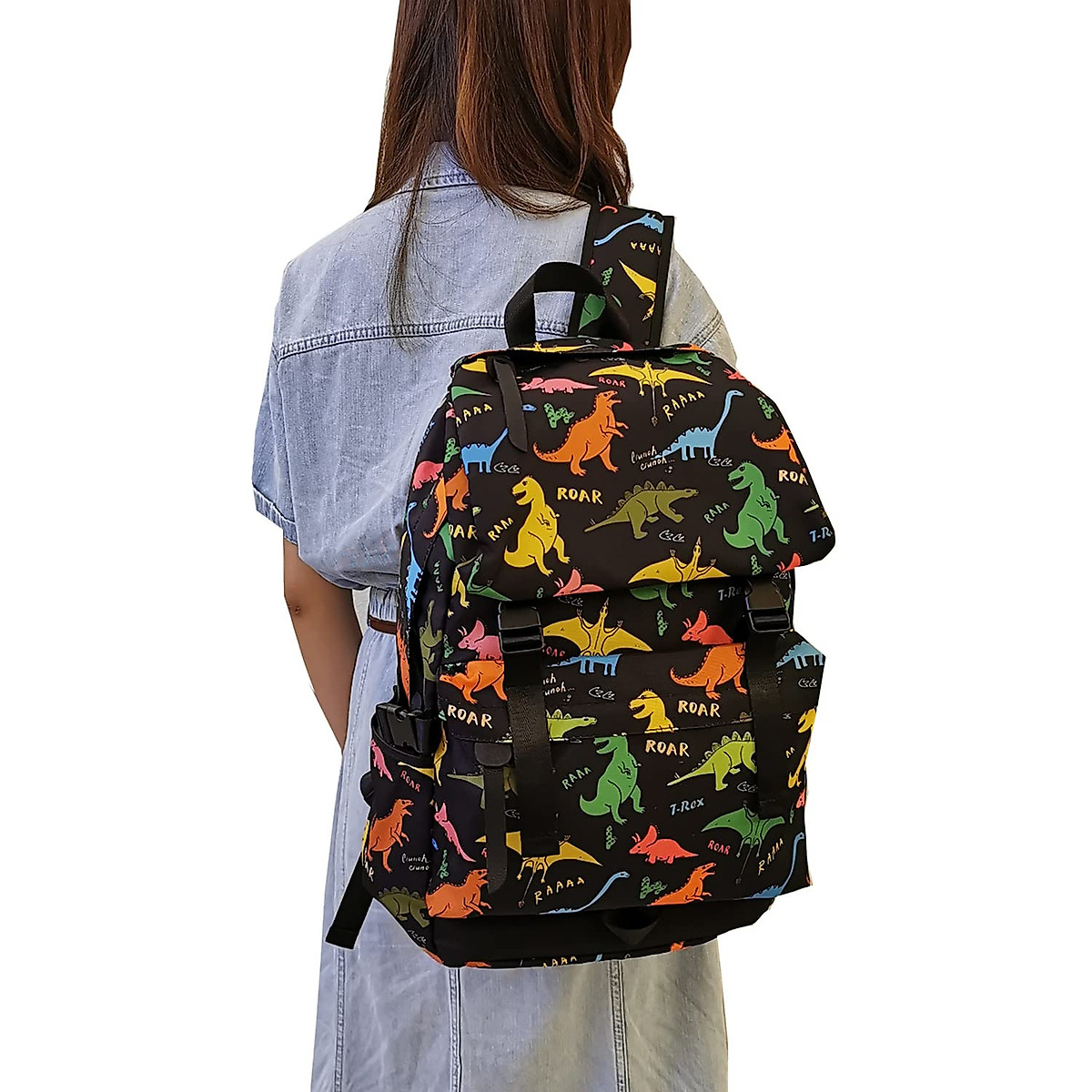Larswon Canvas Dinosaur Backpack Shoulder Bag Rucksack Dino Bag Slim Backpack Travel Rucksack School Backpack Large 13" 14" Laptop Backpack