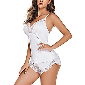 Avidlove Womens Silk Satin Pajamas Set Two-piece Pj Sets Sleepwear Loungewear Pj Sets White Large