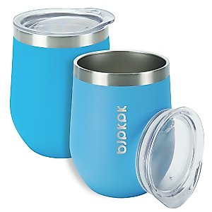 BJPKPK 2 pcs 12oz Insulated Wine Tumblers, 12oz Double Wall Vacuum Coffee Mugs with Lid, Unbreakable Stainless Steel Wine Glasses, Insulated Coffee Cups for Home & Outdoor, Blue