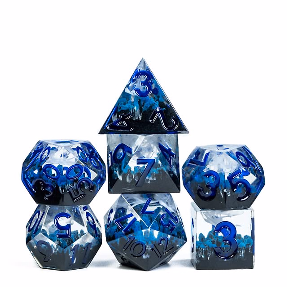 Glow in The Dark Winter Storm Sharp DND Dice Set with Leather Dice Box - for Dungeons and Dragons, D&D, Sharp Edge, D20 Polyhedral Resin Dice, Dungeons and Dragons Gifts, Accessories