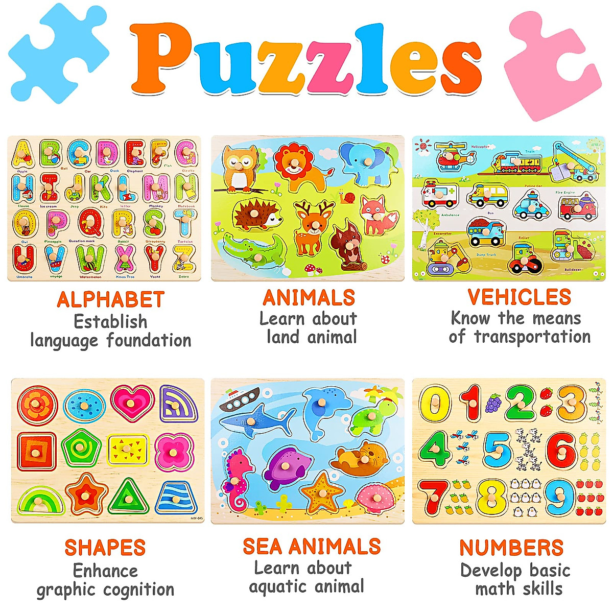 Puzzles for Kids Age 2-4 with Rack and Wooden Clock, 6 Pack Wooden Peg Puzzles for Toddlers with Storage Holder Rack, Educational Toys - Alphabet Number Animal Vehicle Shape