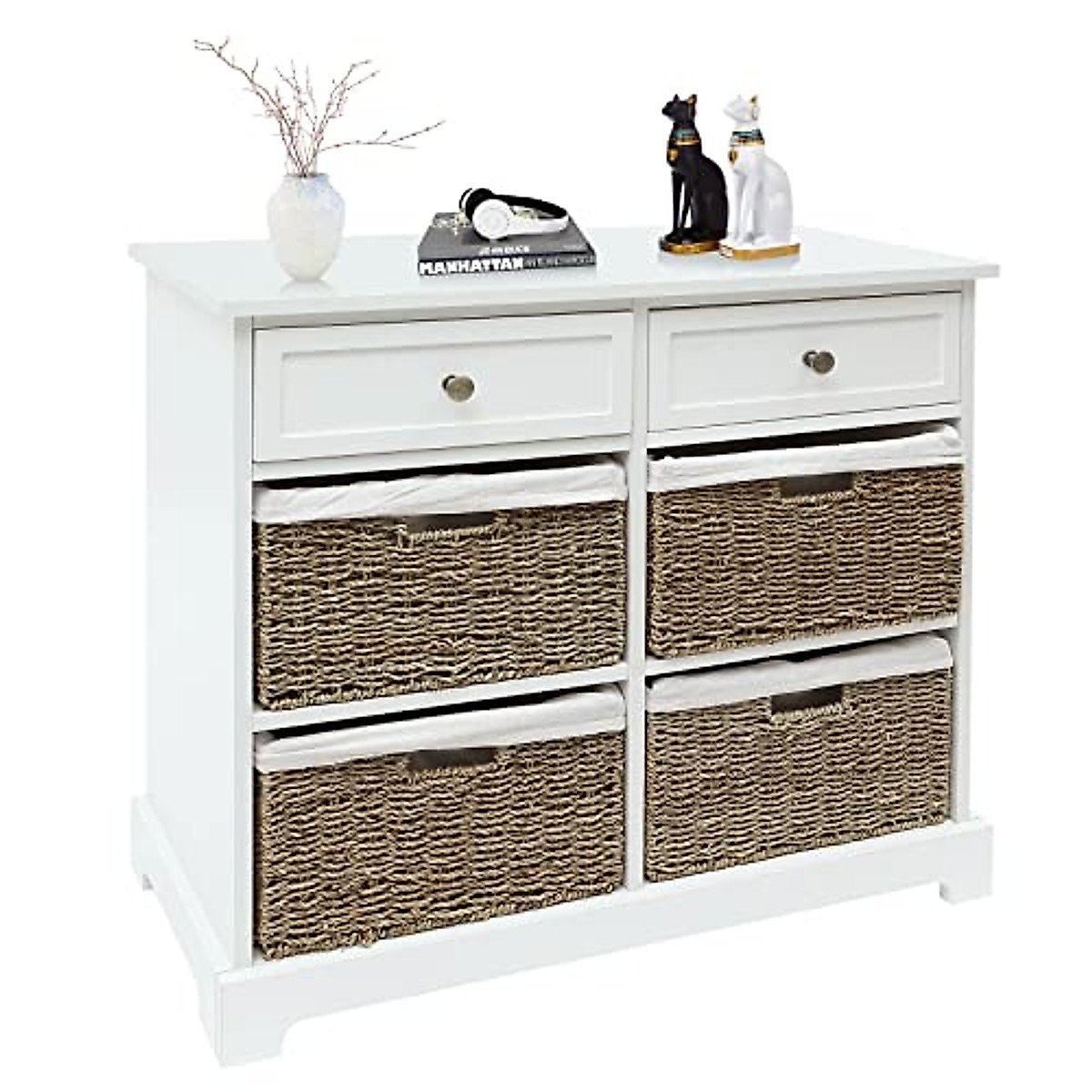 Babion Storage Cabinet with Baskets, Storage Organizer with 2 Drawers and 4 Wicker Baskets, Wicker Dresser with Wooden Tabletop, White Wicker Basket Storage Chest for Closet, Bedroom, Dorm