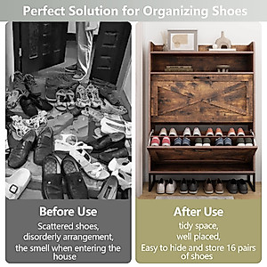 Auromie Shoe Cabinet, Freestanding Tipping Bucket Shoe Storage Cabinet with 2 Flip Drawers, Entryway Shoe Rack with Storage Top Cubby, Narrow Slim Hidden Shoe Organizer with Doors (Brown)