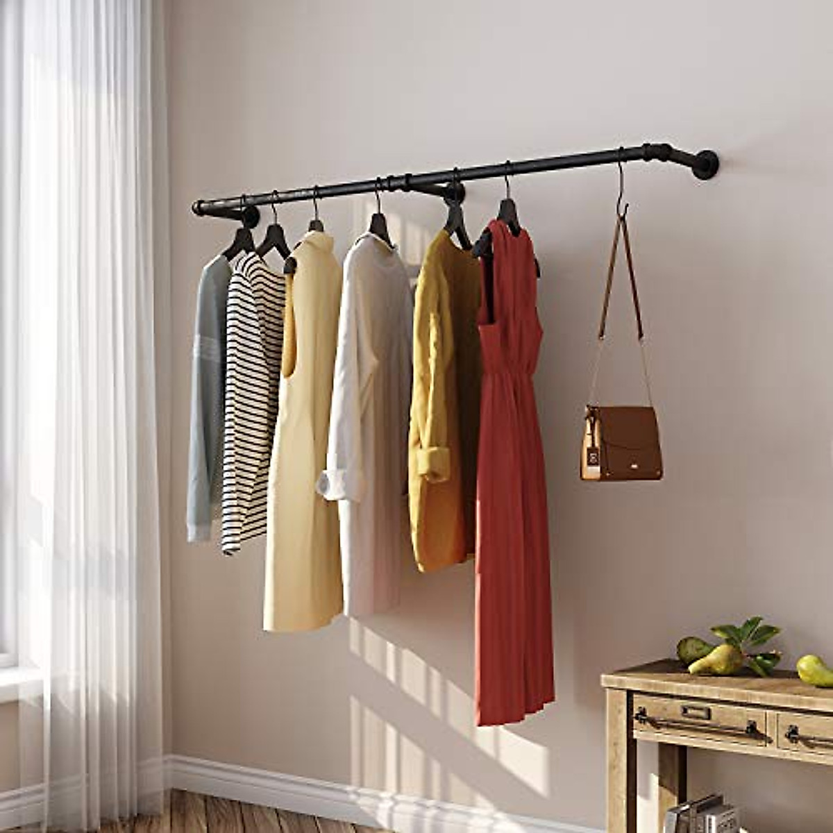 GREENSTELL Clothes Rack, 69.5 Inches Industrial Pipe Wall Mounted Closet Rod, Space-Saving Heavy Duty Hanging Clothing Rack, Detachable hanger Bar, Multi-Purpose Hanging Rod for Closet Storage 3 Base
