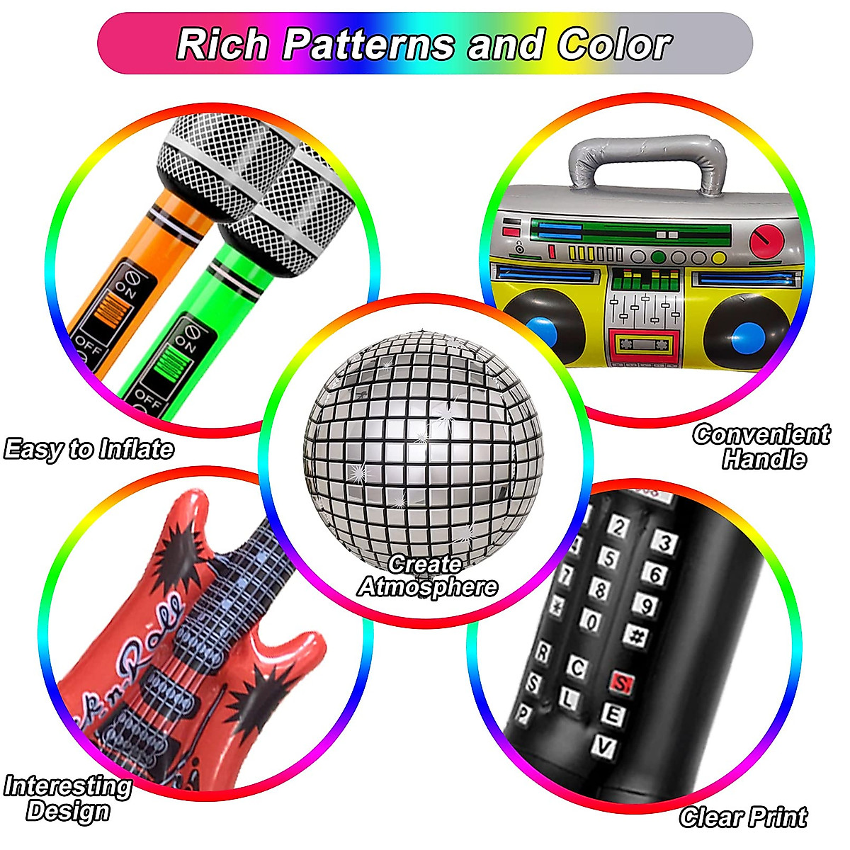 Amandir 80s 90s Theme Party Decorations, 90Pcs Balloon Garland Kit 6PCS Inflatable Disco Ball Radio Boom Box Retro Mobile Phone Guitar Microphone Balloons for Back to 80s 90s Hip Hop Birthday Supplies