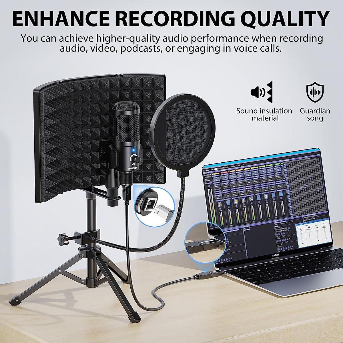 Studio Recording Microphone Isolation Shield with Pop Filter &Tri-Stand Kit Music Recording USB Condenser Mics to Laptop Pc Mac Phone Equipment for Singing Song