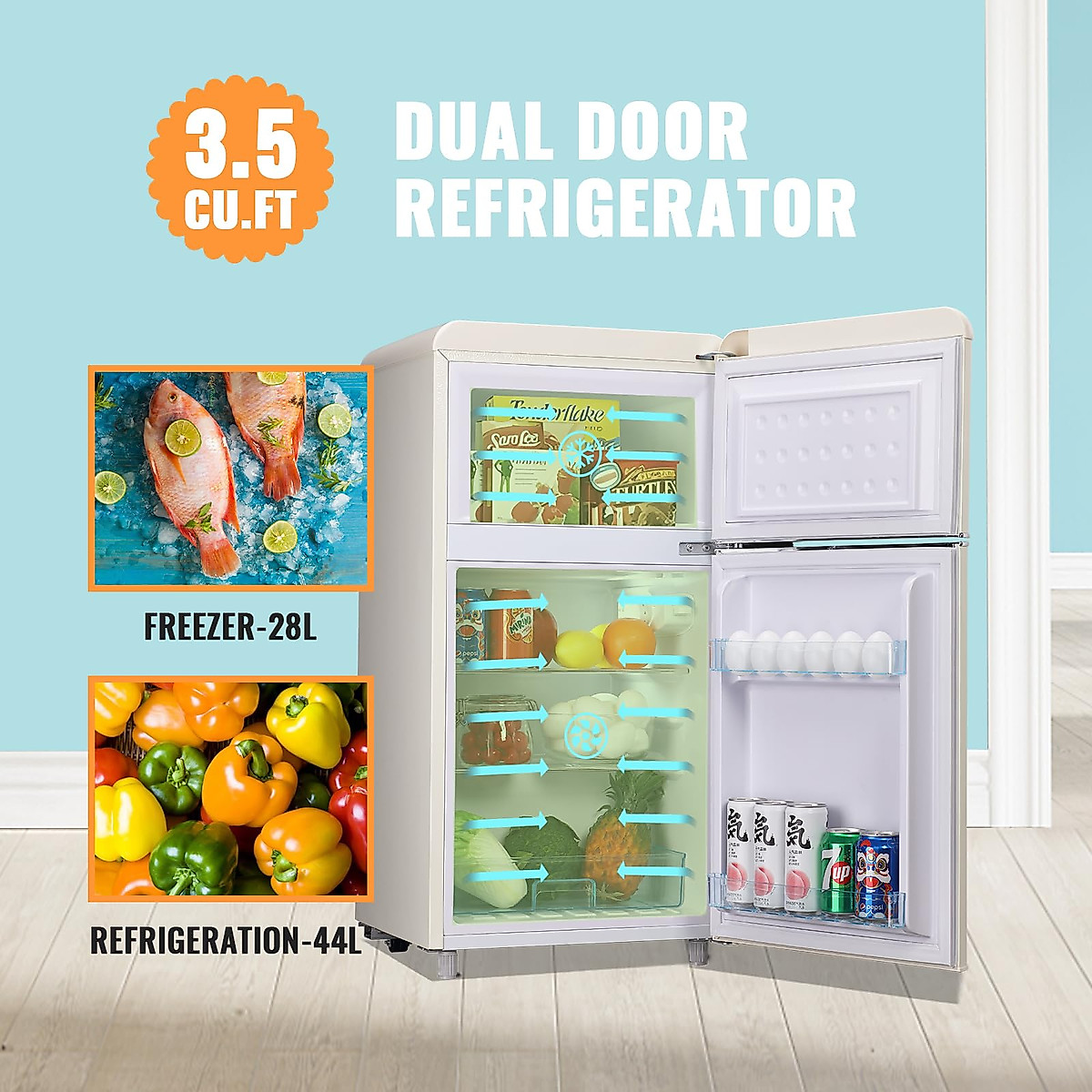 WANAI Compact Mini Refrigerator 3.5 Cu.Ft Small Refrigerator with Freezer, Retro Mini Fridge with Dual Door,7 Adjustable Thermostat, Adjustable Shelves For Dorm, Office Bedroom,White