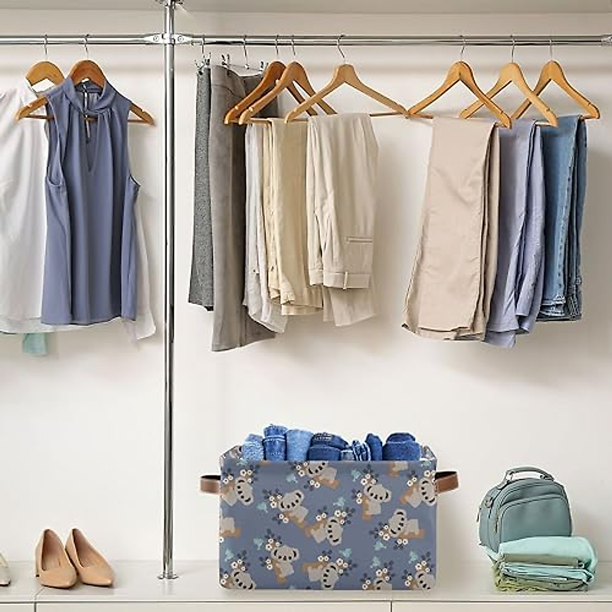 Koala Floral Storage Basket Collapsible Storage Bins Box Cubes Fabric Clothes Hamper Toy Chest Gift Baskets for Shelves Home Shoes Office Nursery with Leather Handles