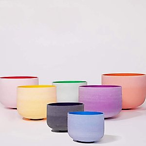 440 HZ Set of 7 Pieces of Color Frosted Quartz Crystal Singing Bowls 6"-12" + mallets & O-rings