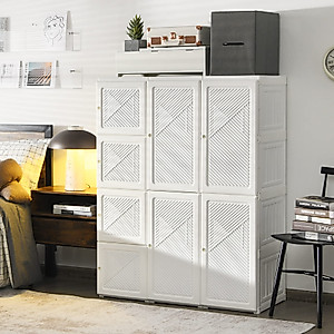 Tangkula Portable Closet Wardrobe, Foldable Clothes Organizer with Cubby Storage, Hanging Rods, Easy Assemble Clothing Storage with Magnet Doors, Folding Bedroom Armoire (8 Cubbies & 2 Rods)