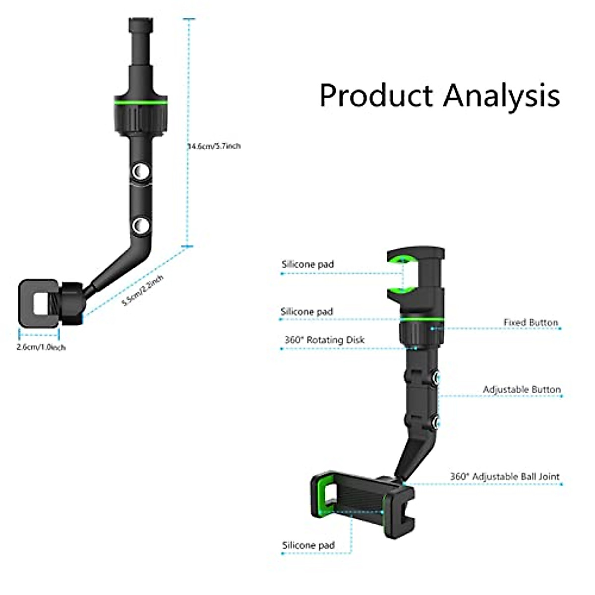 cdbz New 360° Rearview Mirror Phone Holder,Car Rearview Mirror Mount Phone and GPS Holder,Universal 360 Degrees Rotating Car Phone Holder,Cell Phone Automobile Cradles (Gray + Cable)