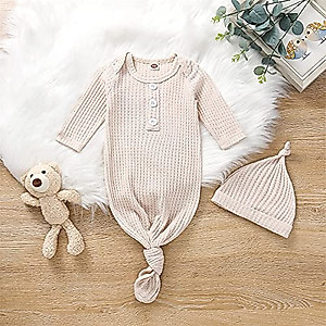 Twopumpkin Baby Girl Boy Coming Home Knotted Gown Unisex Newborn Infant Sleep Onesie Outfit Cute Baby Winter Pajamas (A Waffle Knit Cream,0-3 Months)