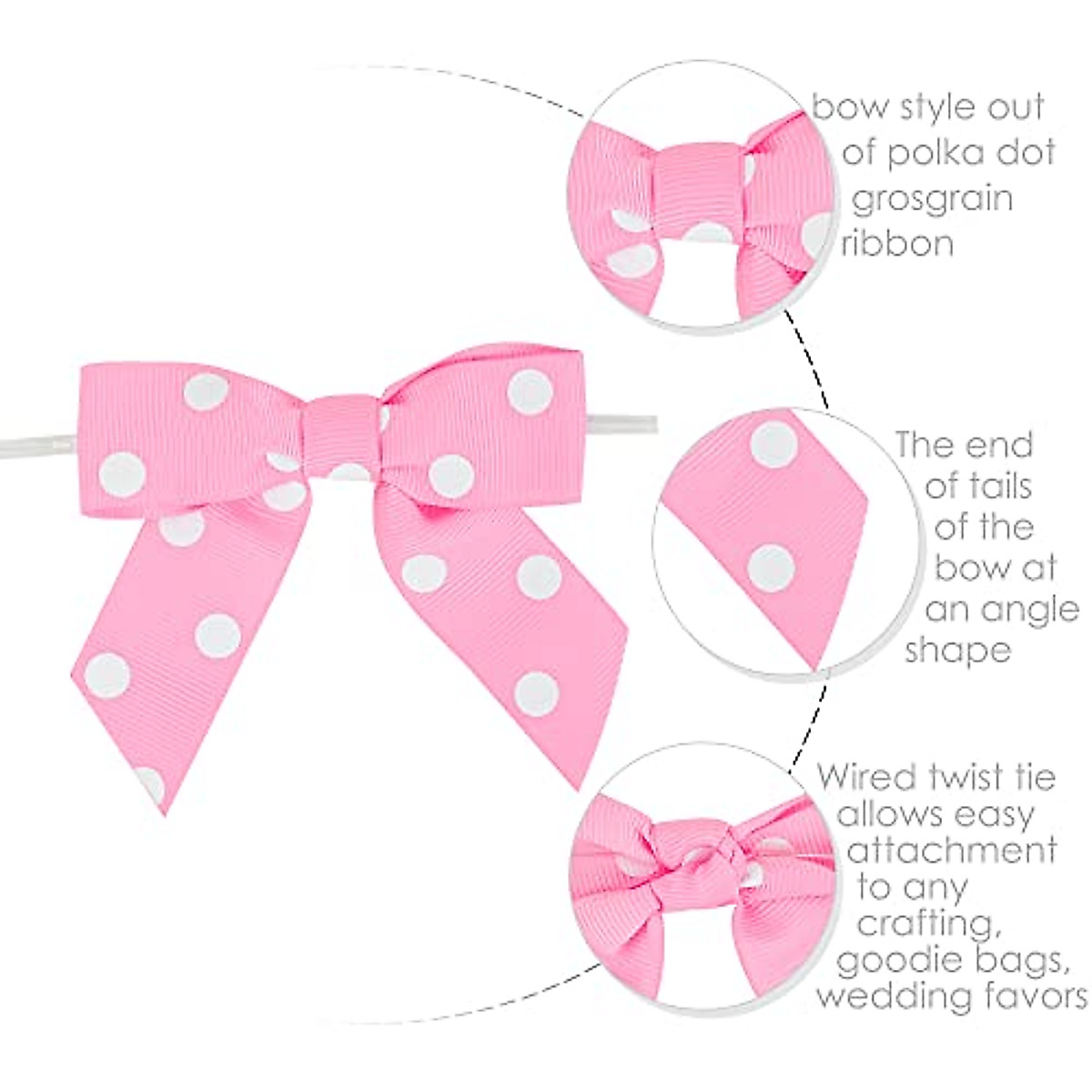 AIMUDI Baby Pink Polka Dot Ribbon Twist Tie Bows 3.5" Premade Dotted Grosgrain Ribbon Bows Pretied Bows for Treat Bags, Crafts, Gift Wrapping, Party Favors, Baby Shower, Cellophane Bag - 12 Counts