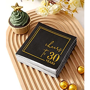 Cheers to 30 Years Cocktail Napkins - 50PK - 3-Ply 30th Birthday Napkins 5x5 Inches Disposable Party Napkins Paper Beverage Napkins for 30th Birthday Decorations Wedding Anniversary Black and Gold