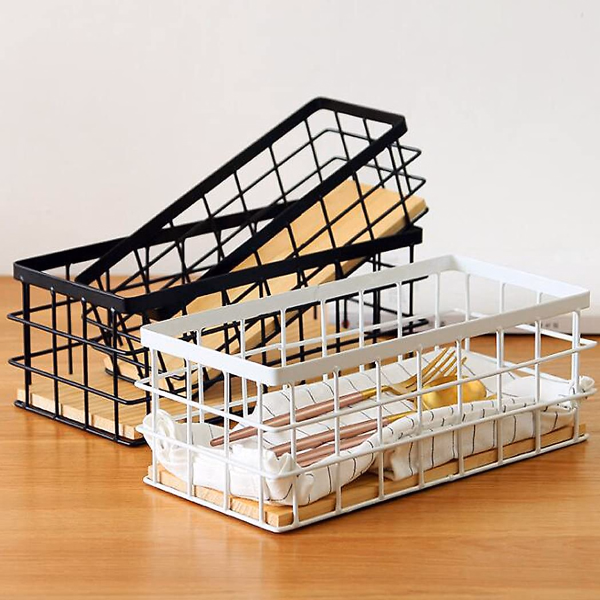 Hoshen Sundries Storage Frame, Iron Art Storage Frame (With a Wooden Board at the Bottom), Cosmetics Storage Basket, Bathroom Desktop Wall-mounted Shelf - Black