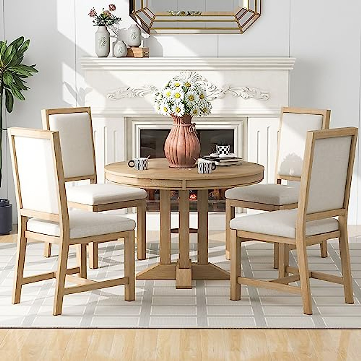KoiHome 5 Piece, 42"-58" Farmhouse Round Extendable 16" Leaf and 4 Upholstered Chairs, Set of 5, Family Dining Table Set for Restaurant, Kitchen (Natural Wood Wash)