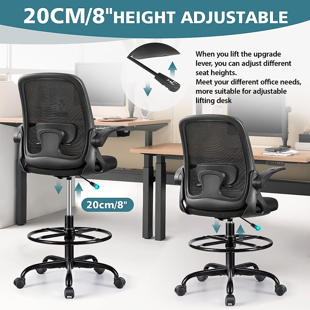Winrise Drafting Chair Tall Office Chair Ergonomic Desk Chairs with Lumbar Support and Flip-up Armrests, Adjustable Height Comfy Computer Chair with Swivel Task and Adjustable Foot Ring(Black)