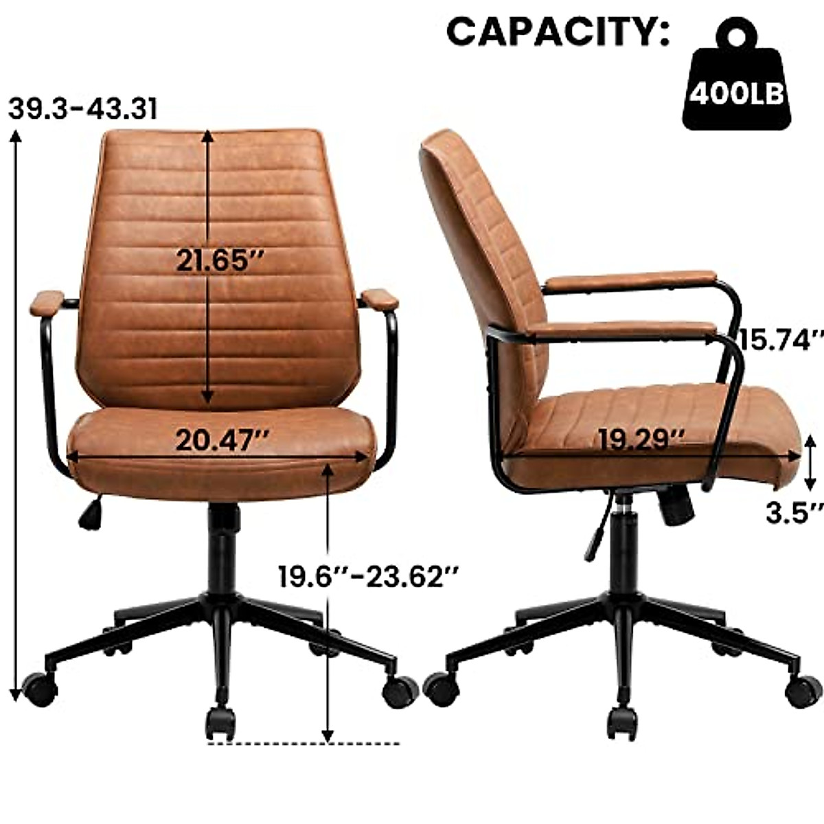 DICTAC Leather Office Chair Brown Modern Desk Chair mid Century Home Office Chair with Armrest, Capacity 400lbs