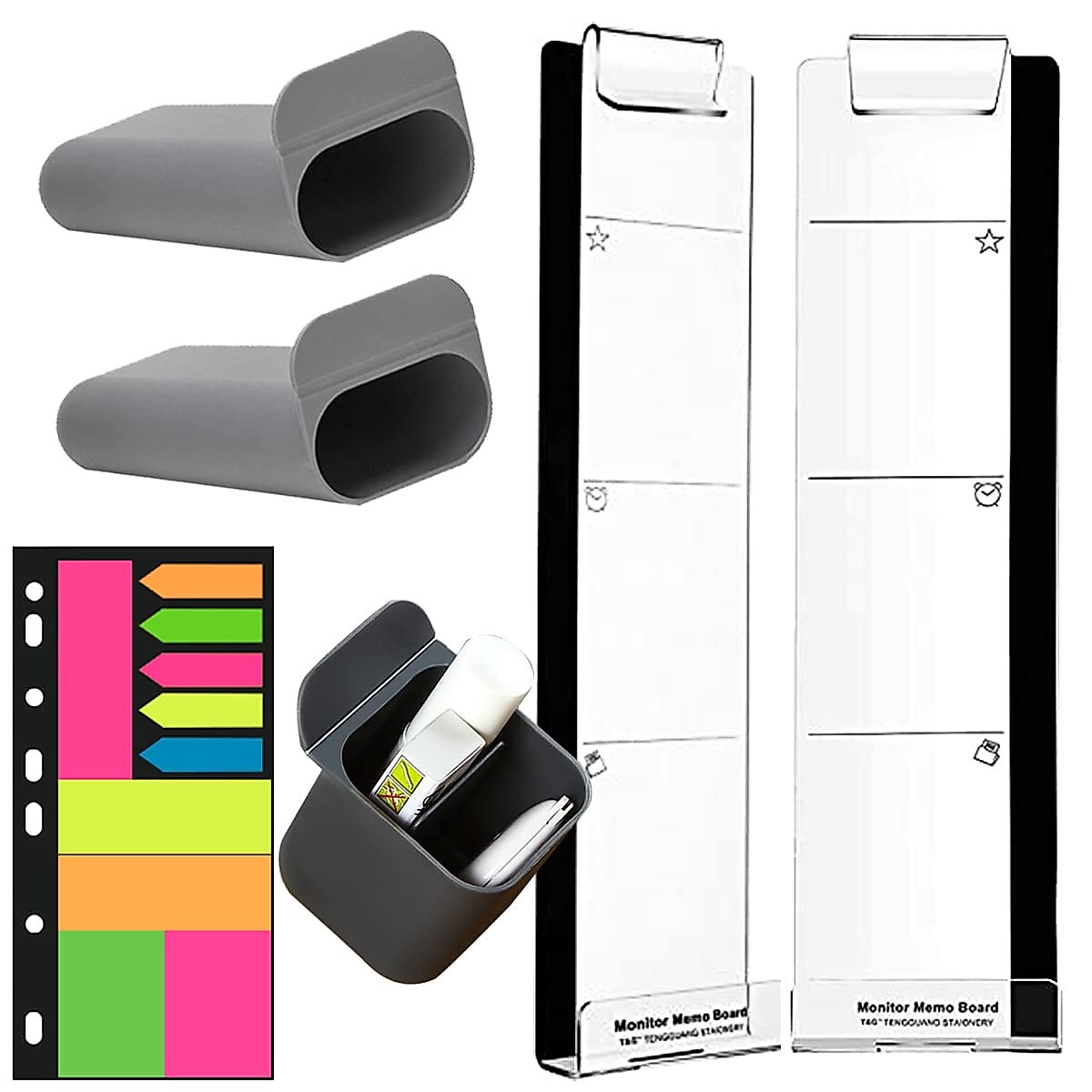 Barelove 2 Pack Monitor Memo Board Left/Right + 3 Pen Containers Storage+ Sticky Notes, Computer Sticky Note Holder Computer Screen Desktop Organizer Accessories for Office Desk Students