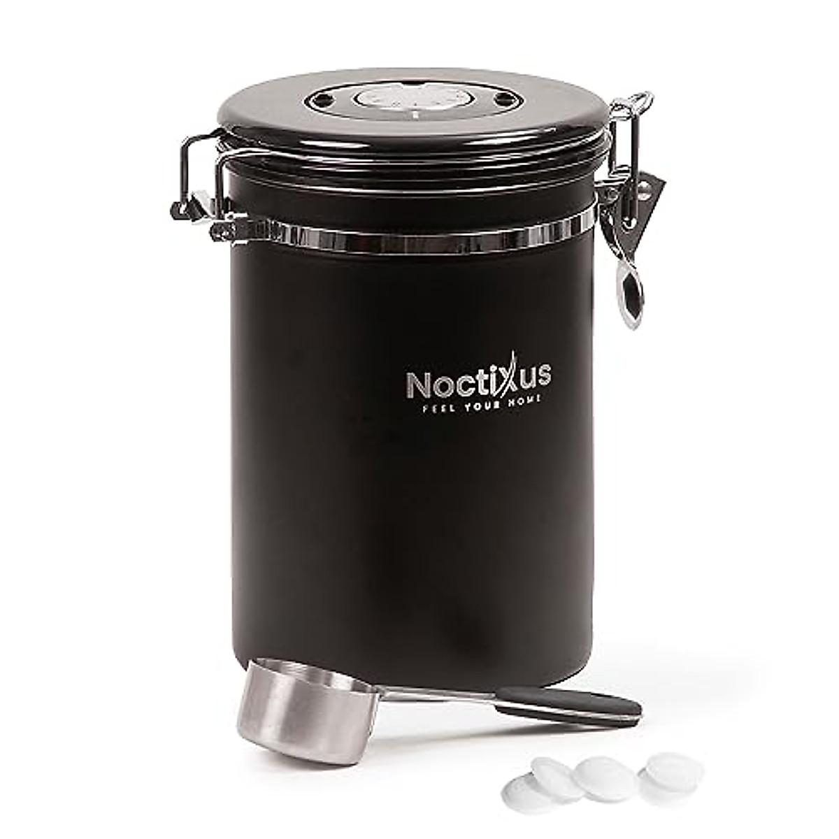 NoctiXus Stainless Steel Coffee Canister/Container for Airtight Food Storage with Date Tracker. Scoop and Release Valves Included. 22 Oz. Black